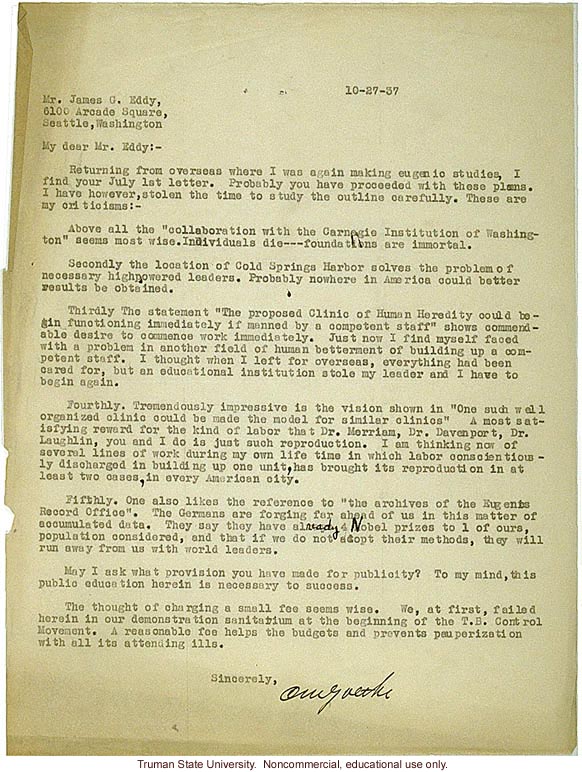 C. M. Goethe letter to J. Eddy, about German collection of eugenic data ...