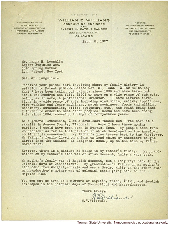 W. Williams letter to H. Laughlin about research study on immigration ...