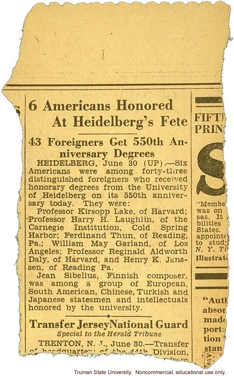 Newspaper clipping about H. Laughlin's honorary degree from the ...