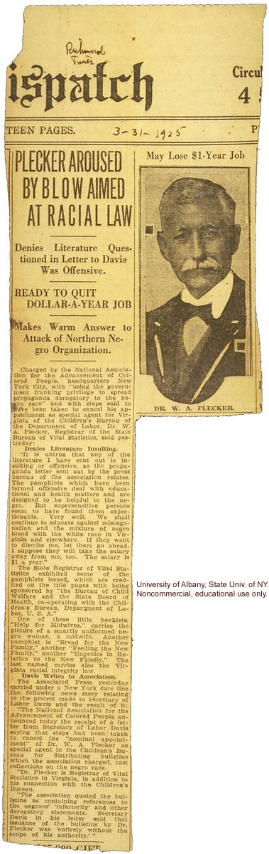 "Plecker Aroused by Blow Aimed at Racial Law," NAACP criticism of W ...