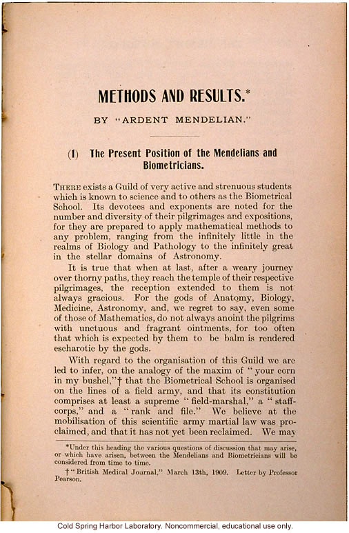 "The Present Position of the Mendelians and Biometricians," The Mendel ...