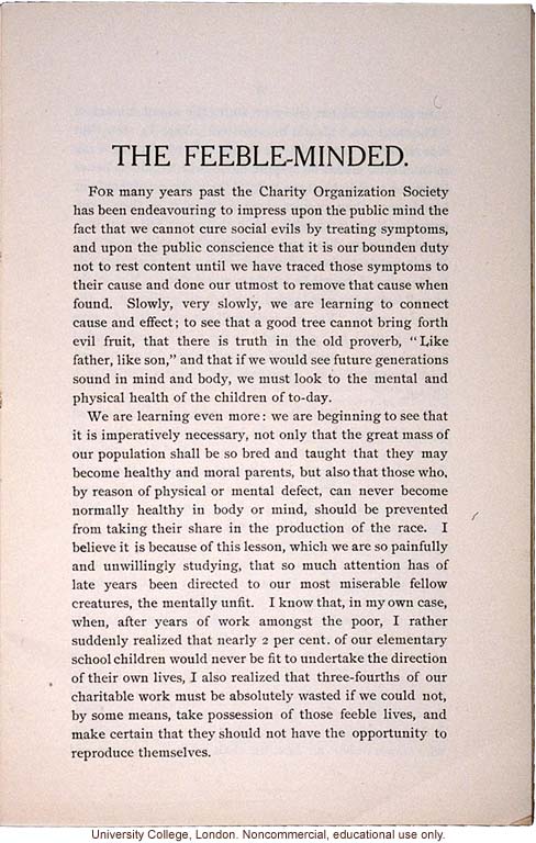 "The Feeble Minded," by Mary Dendy, Economic Review (July 1903) (1 ...