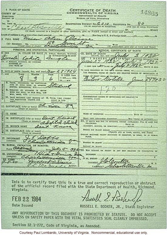Death certificate of Carrie Buck's daughter, Vivian, who died of ...